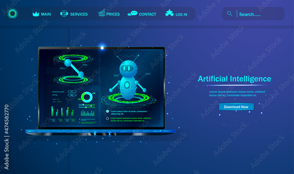 Designing a robot on a laptop screen. The landing page of artificial intelligence. A website ...