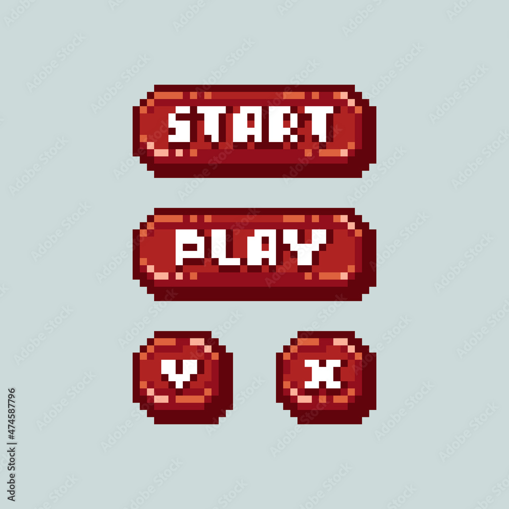 Pixel art game interface red UI buttons and symbols vector set, start ...