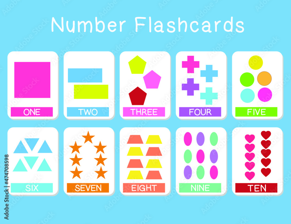 Cute number flashcards with geometric shapes set. English counting 1 to ...