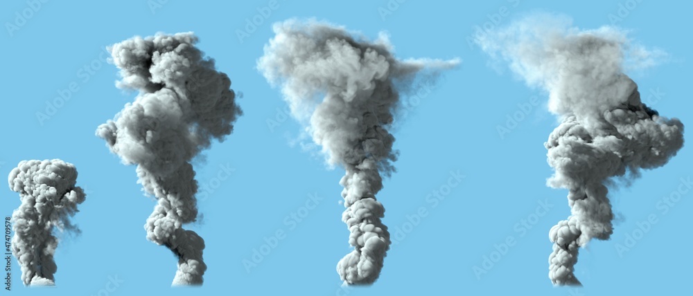 4 images of heavy bright smoke column as from volcano or large ...