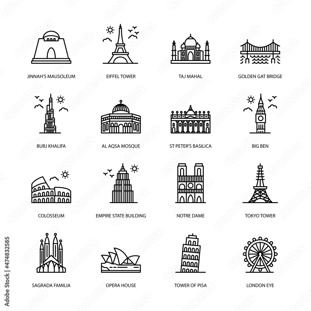 World Landmarks Outline Icons - Stroked, Vectors Stock Vector | Adobe Stock