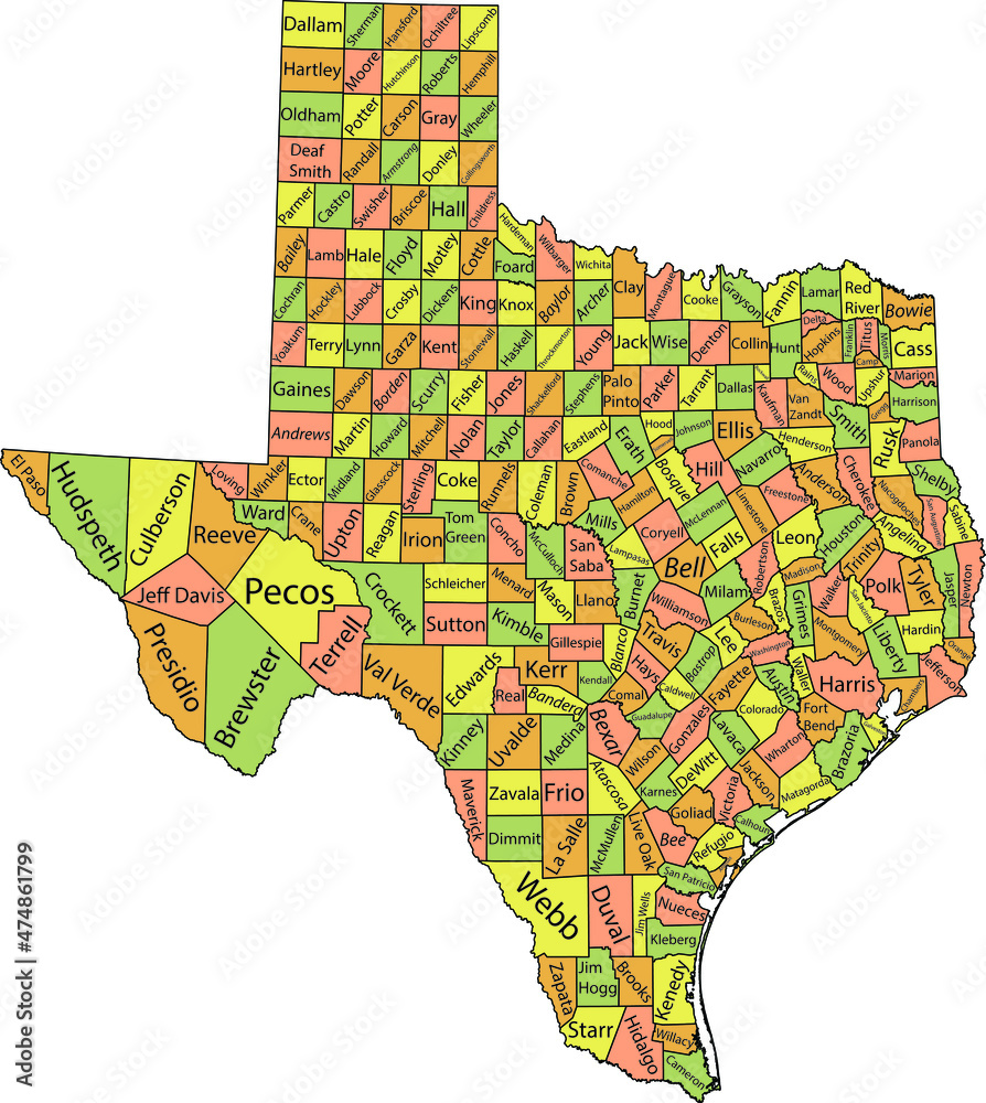 Pastel vector administrative map of the Federal State of Texas, USA ...
