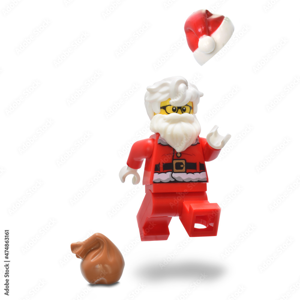 Lego minifigure Santa Claus in red costume with beard and hair is ...