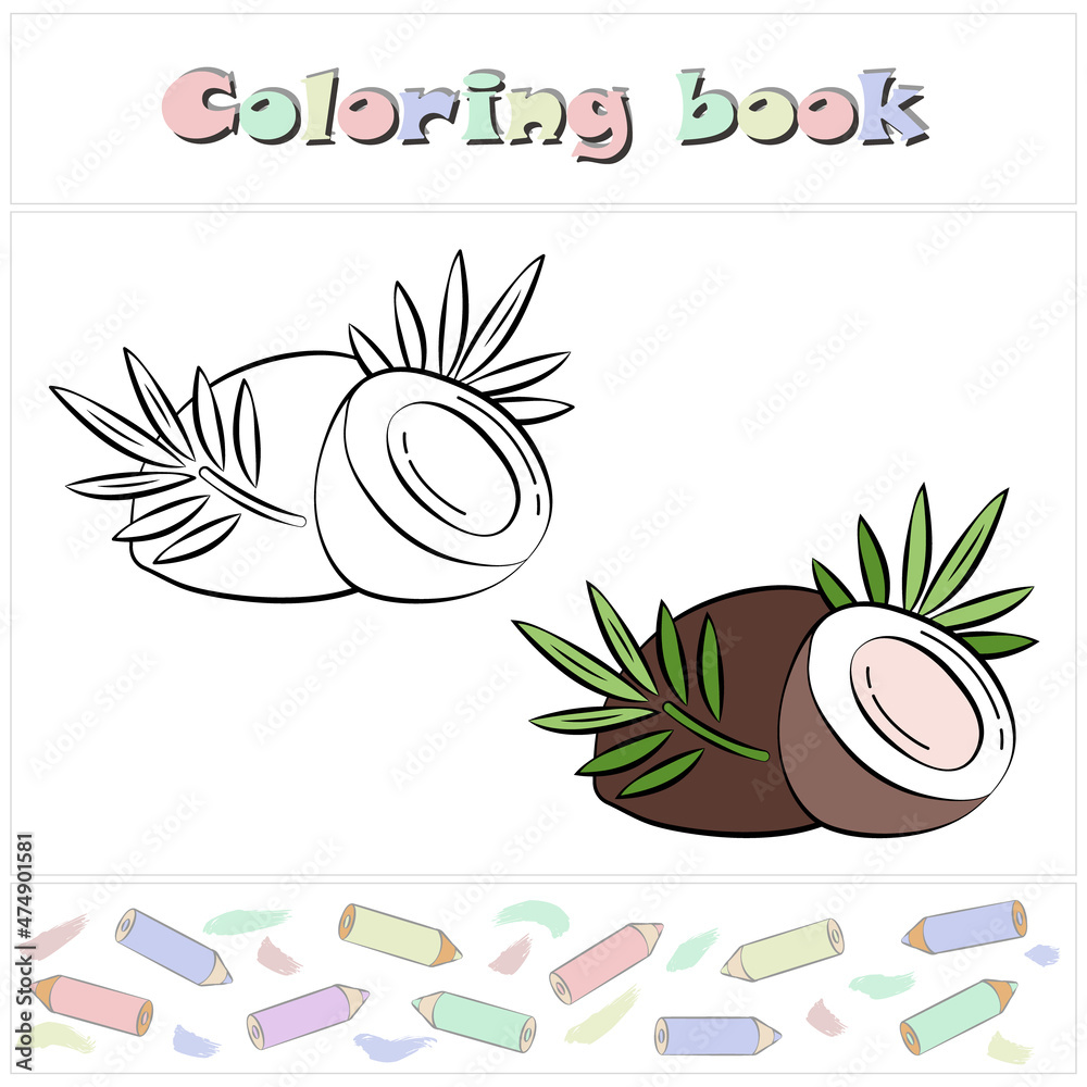 Cartoon coconut. Coloring book. Simple education game for kids. Vector ...