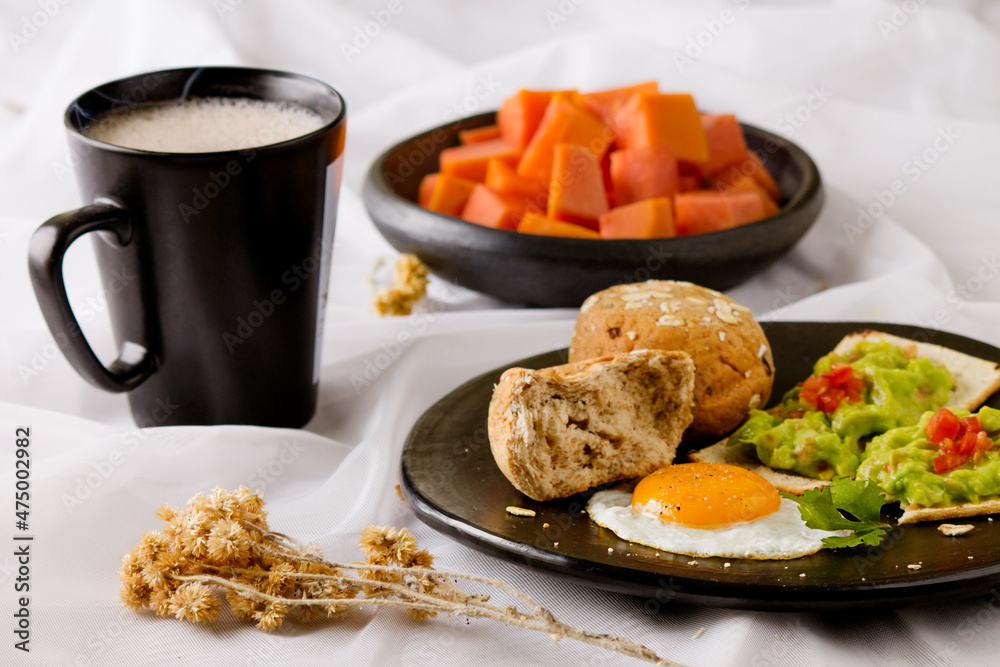 Healthy homemade breakfast with fried egg, whole grain seven grain ...