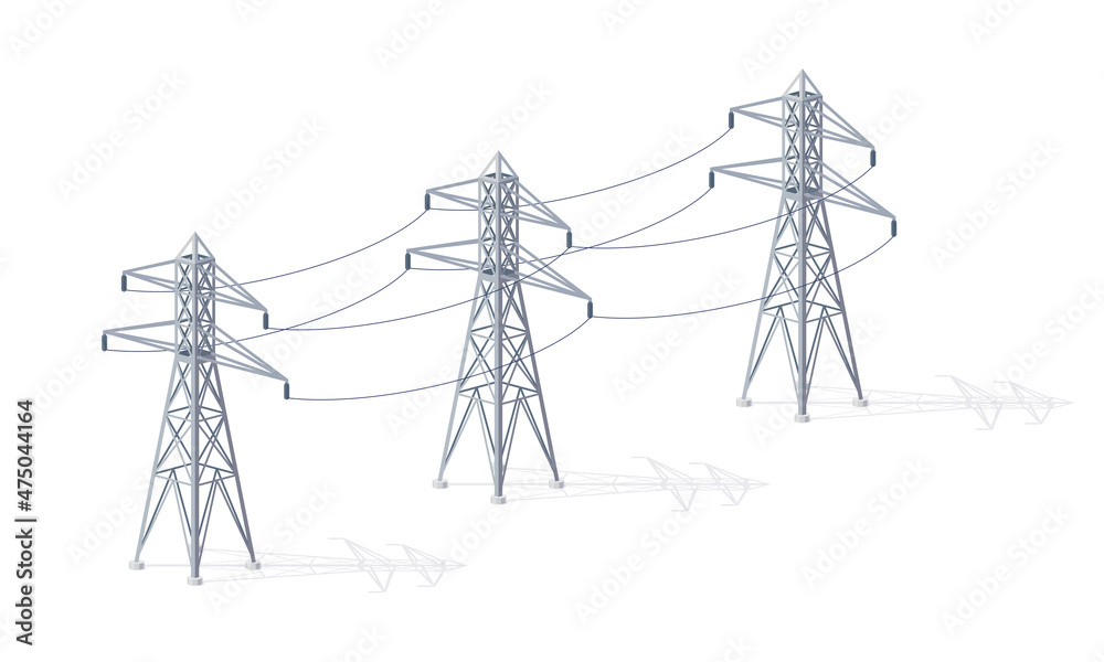 High voltage electricity distribution grid pylons. Flat vector ...