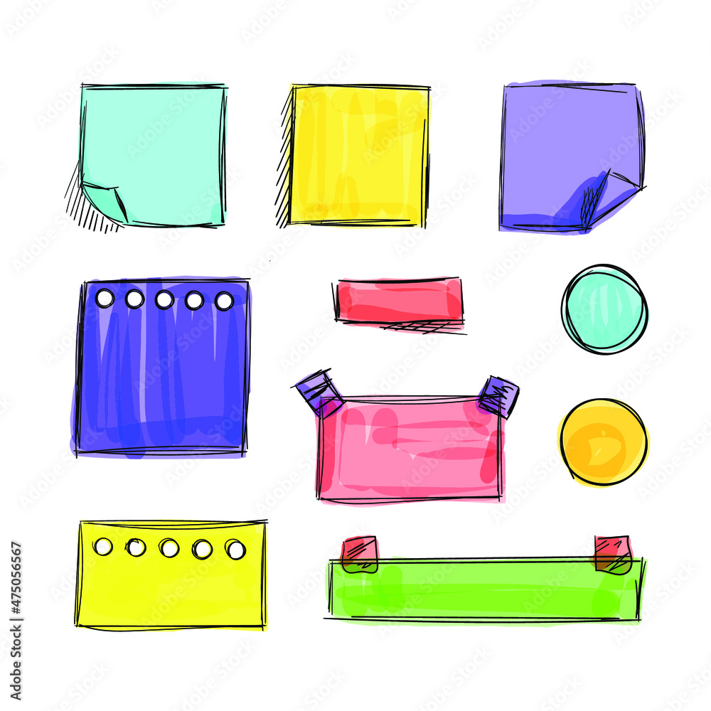 Vector Drawn Memo Paper, Adhesive Sticky Notes, Doodle Drawings ...