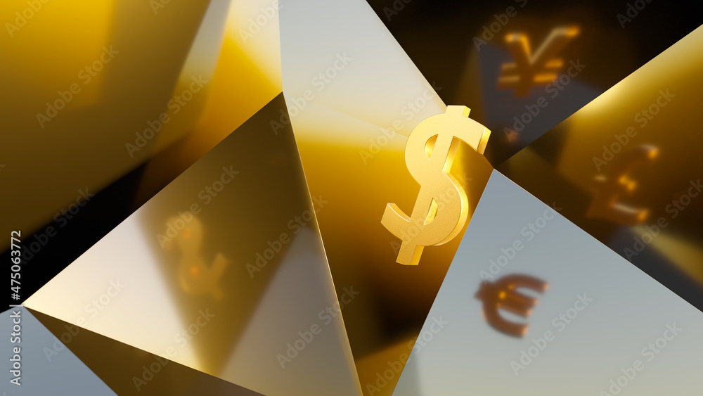 3D rendering of dollar symbol, peso symbol and other major currency ...
