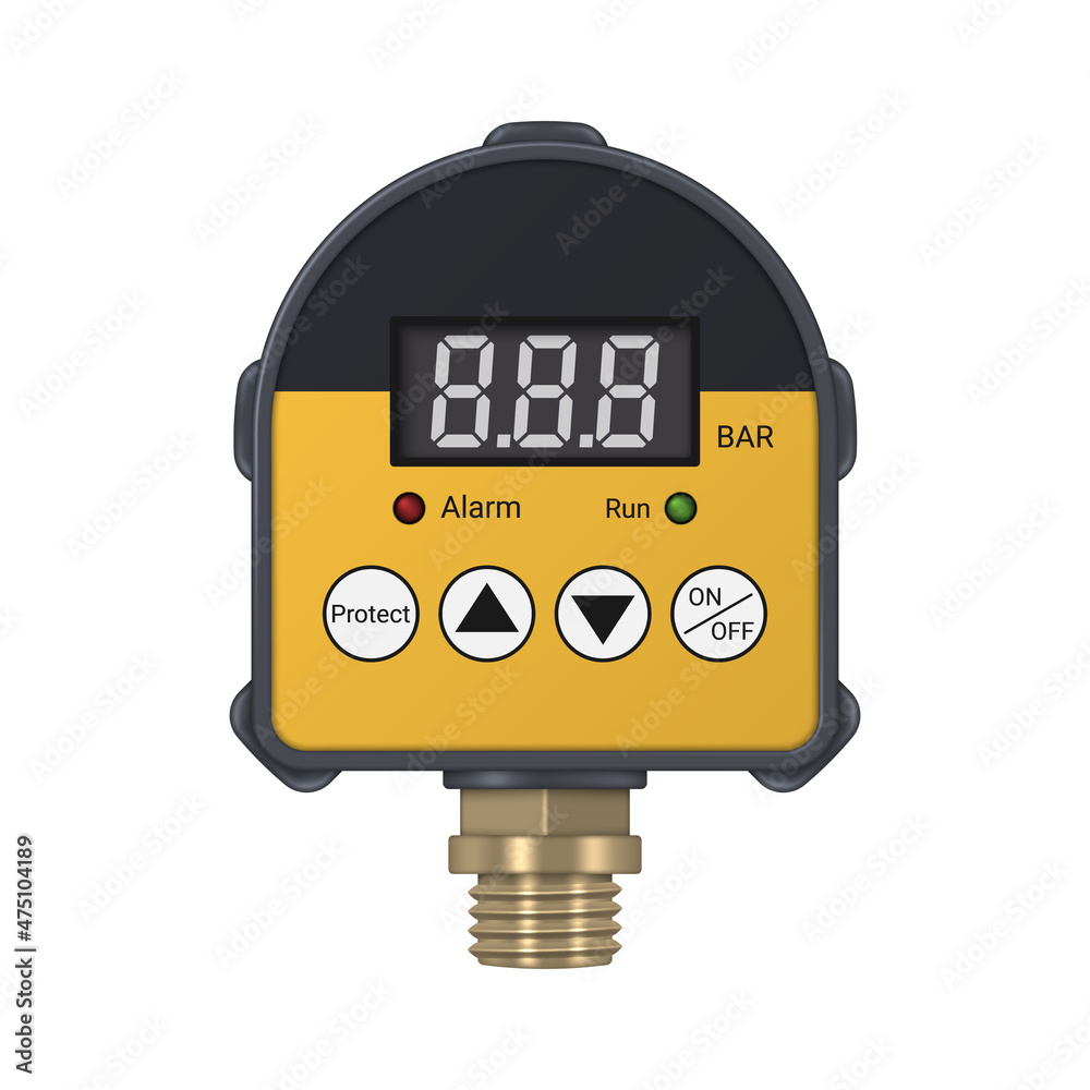 Realistic digital pressure switch with brass fitting isolated on white ...