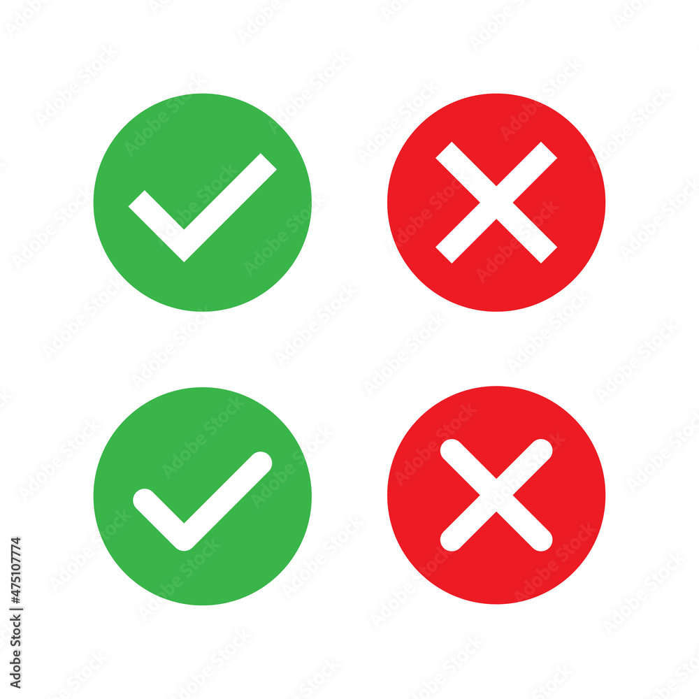 Confirm and deny flat icons. Correct and error signs in circles. White ...