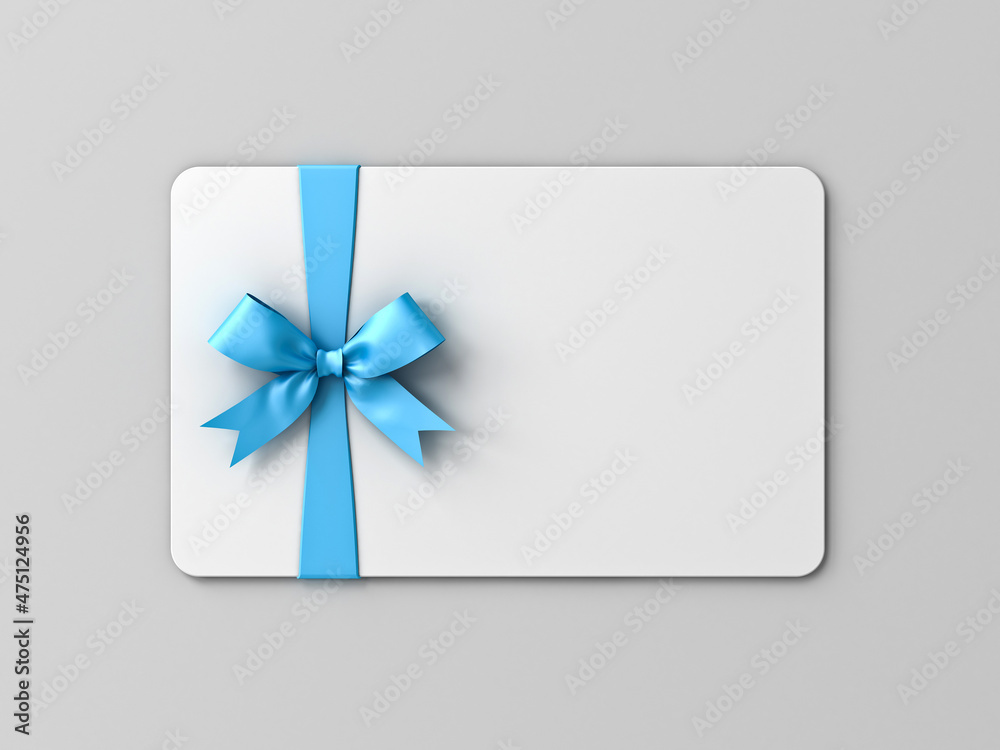 Blank white gift card with blue ribbon bow isolated on gray background ...
