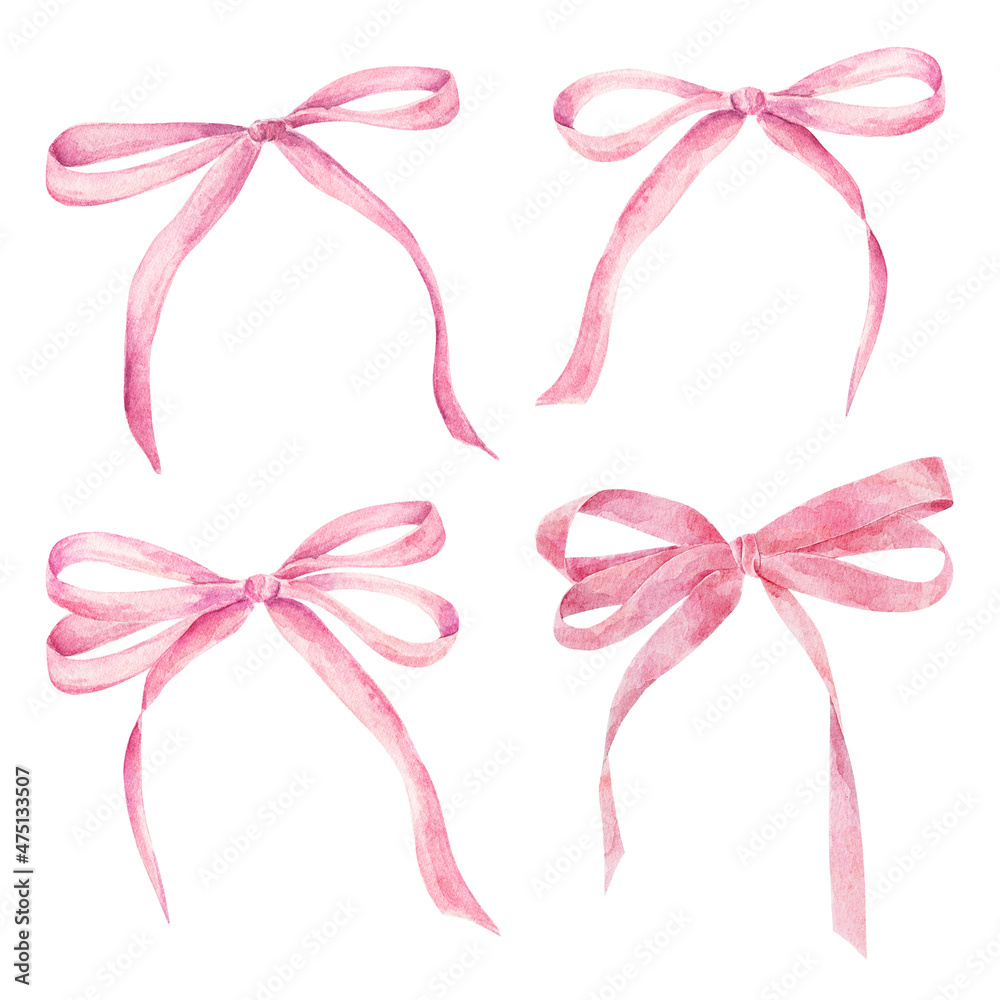 Set of watercolor pink bows isolated on white background. Stock ...