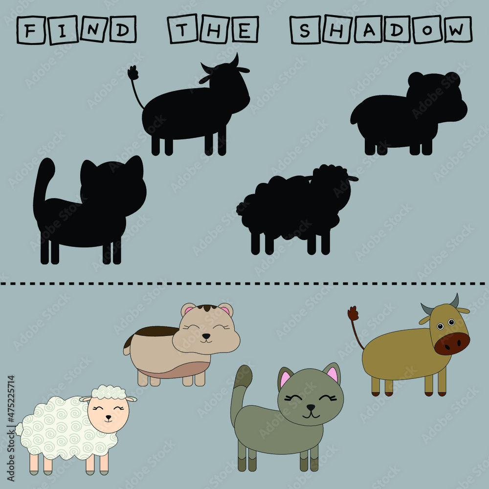 Find a shadow pets. Match sheep, hamster, cat, cow with correct shadow ...