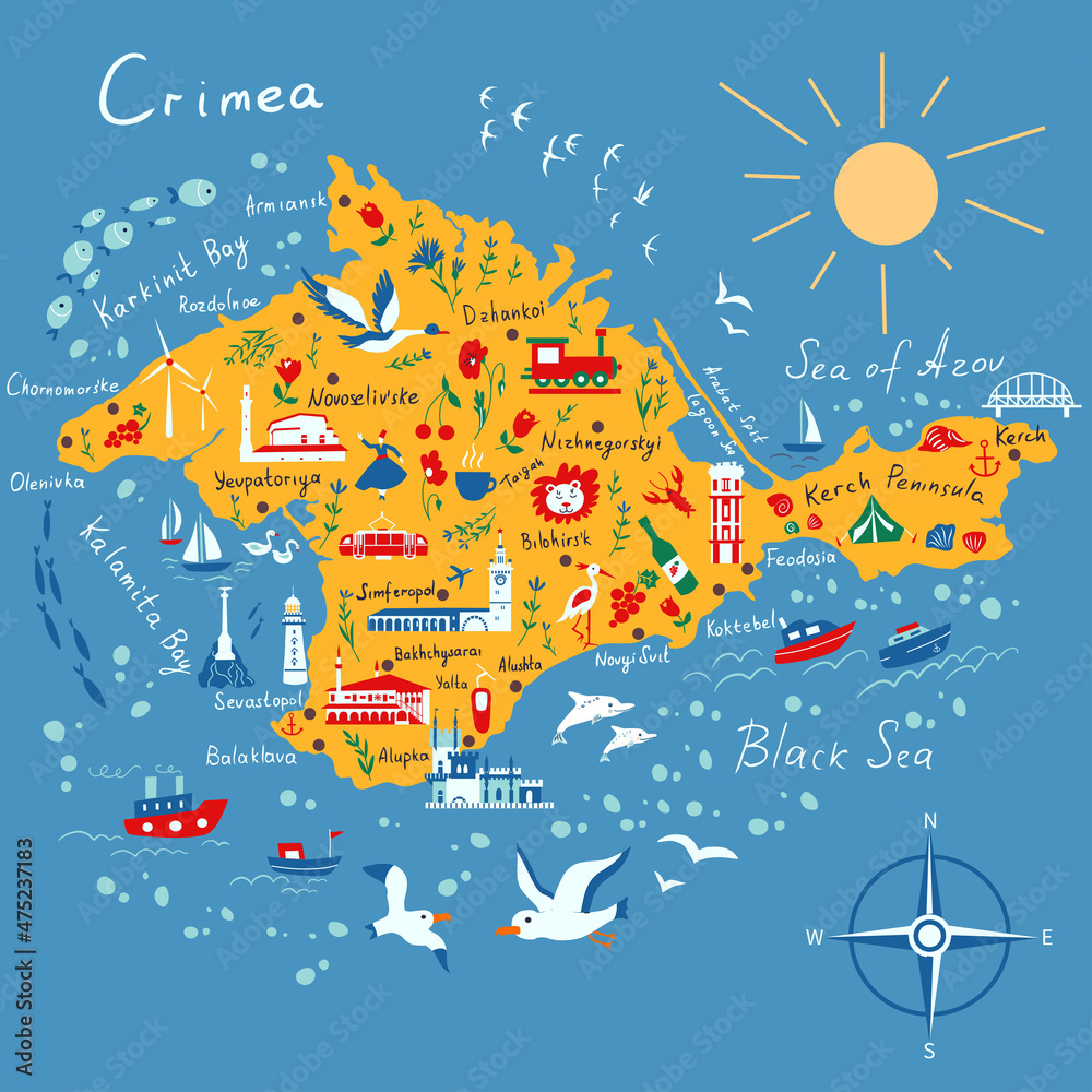 Crimean peninsula vector cartoon map, Republic of Crimea, colorful ...