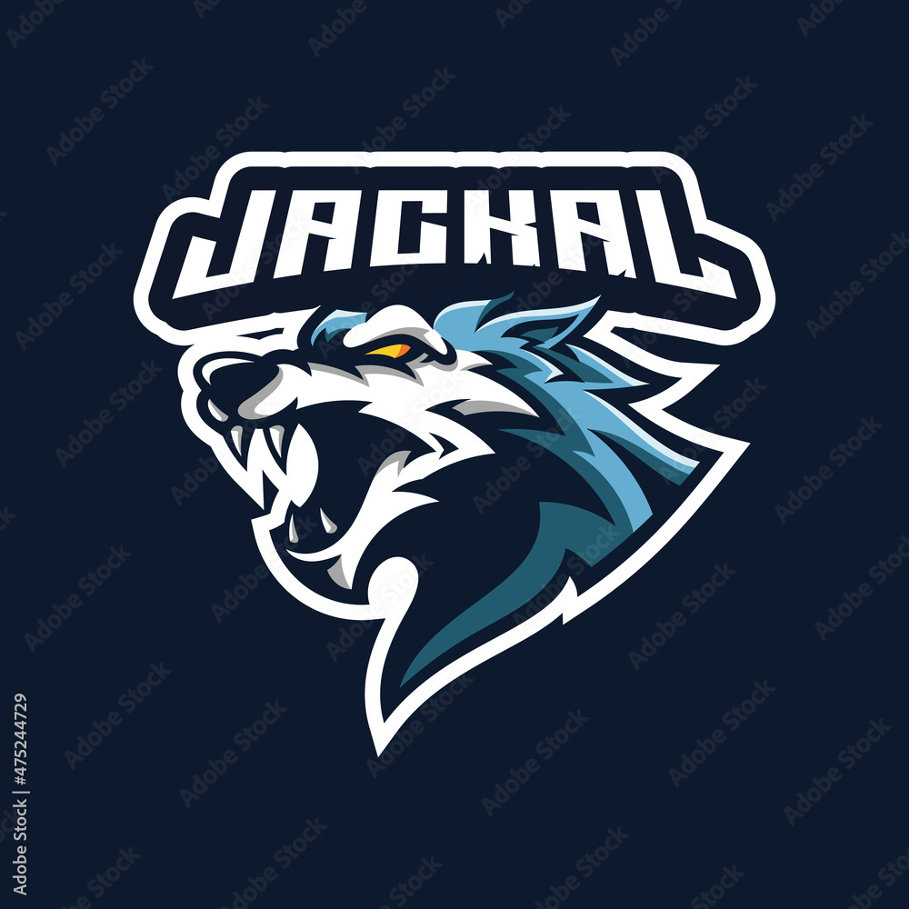 Angry wolf head esport gaming vector.Roaring jackal mascot badge logo ...