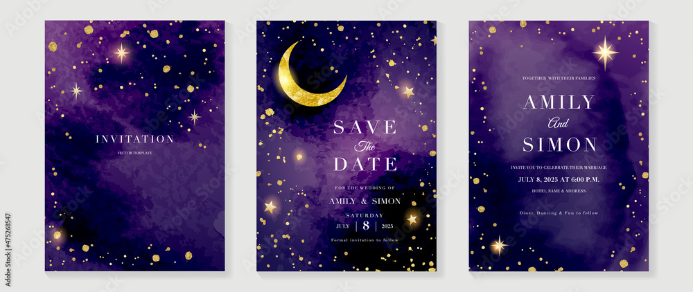 Star and moon themed wedding invitation vector template collection ...