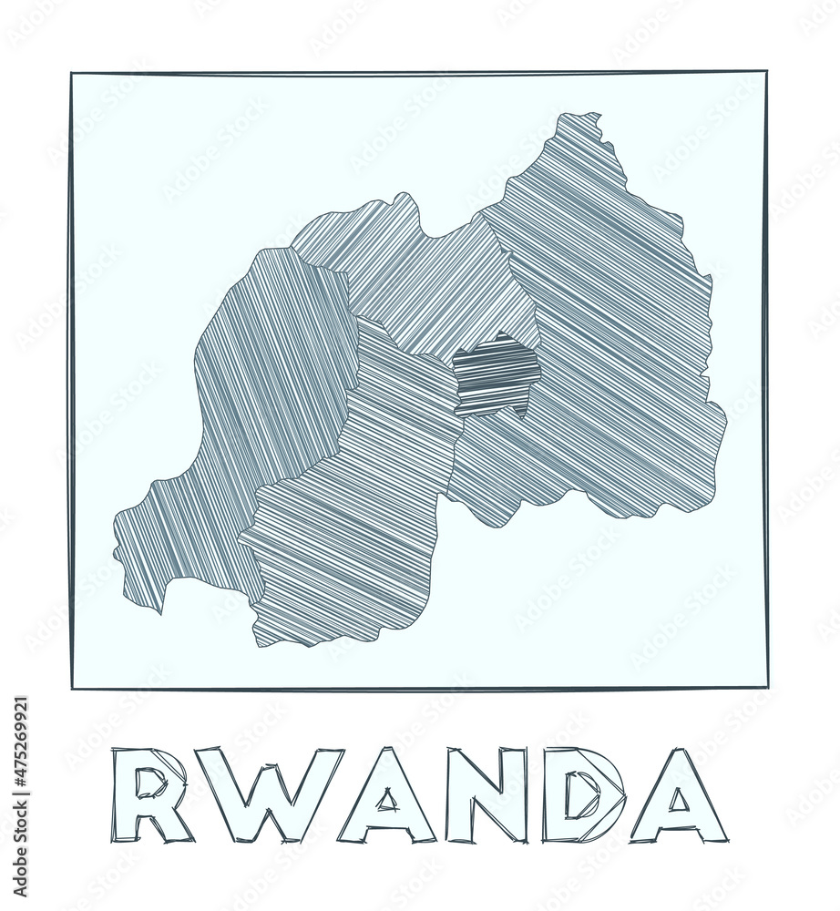 Grayscale hand-drawn map of Rwanda. Filled regions with hachure stripes ...