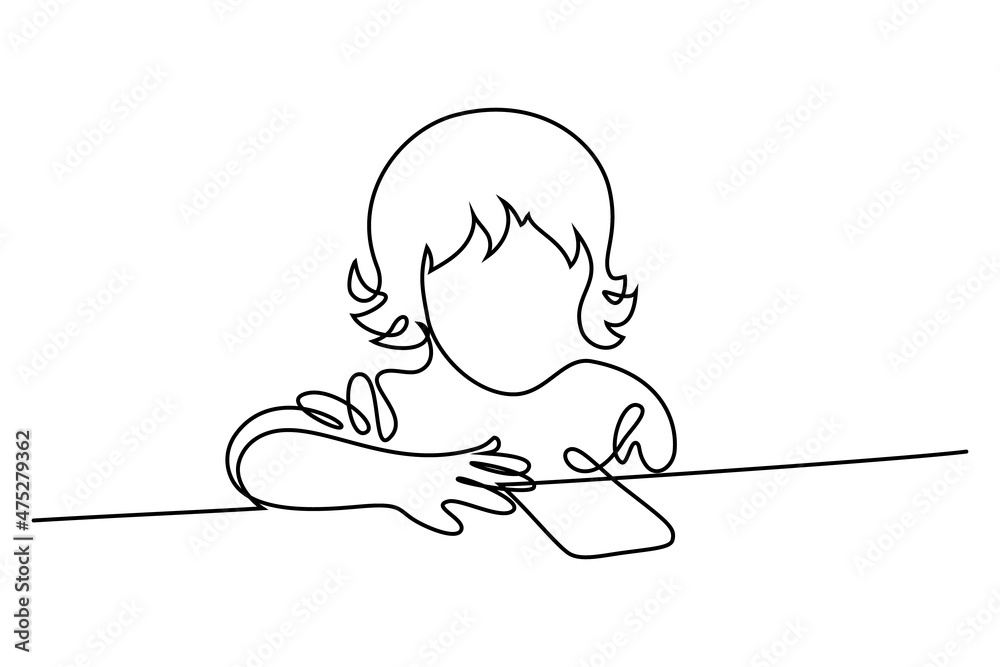 Child using phone in continuous line art drawing style. Little girl ...
