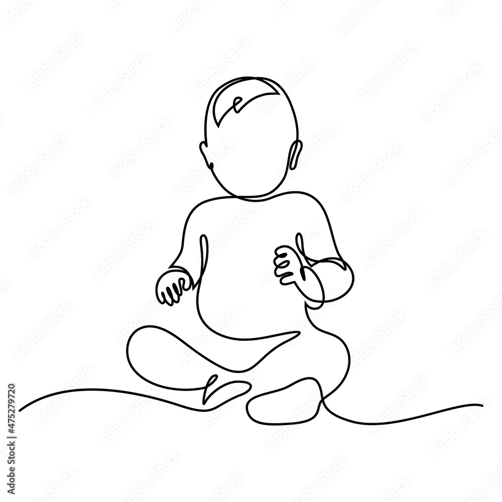 Baby boy sitting in continuous line art drawing style. Cute toddler ...