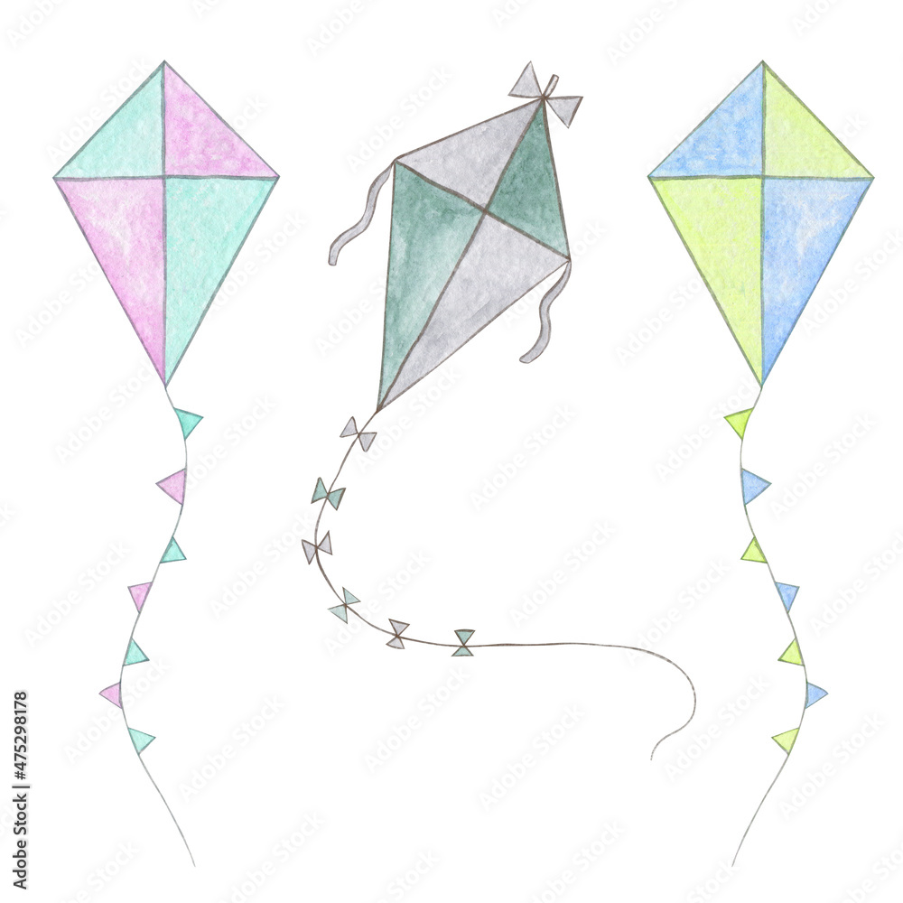 Collection of watercolor kites in pastel colors. Makar Sankranti ...