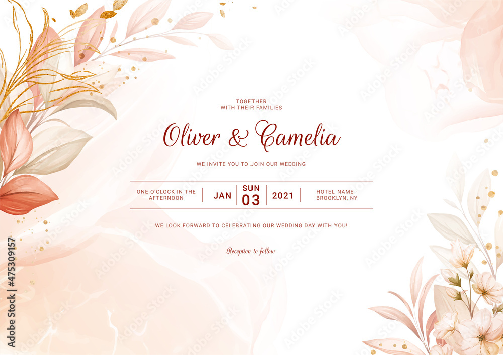 Landscape floral wedding invitation card with pastel floral decoration ...