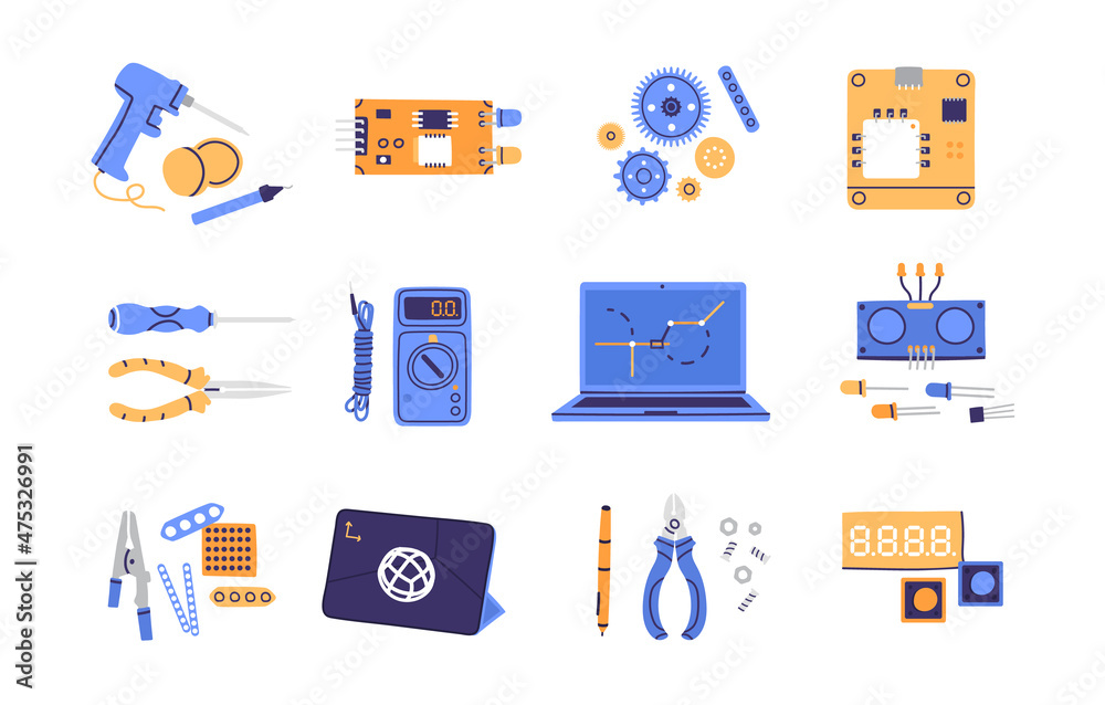 Tools for Building robot. Different instruments icon. Display, voltage ...