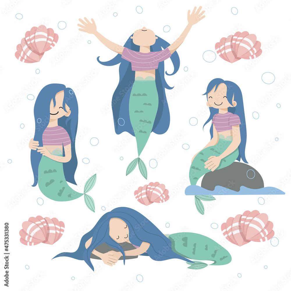 Collection of cute funny mermaids isolated on white background. Flat ...