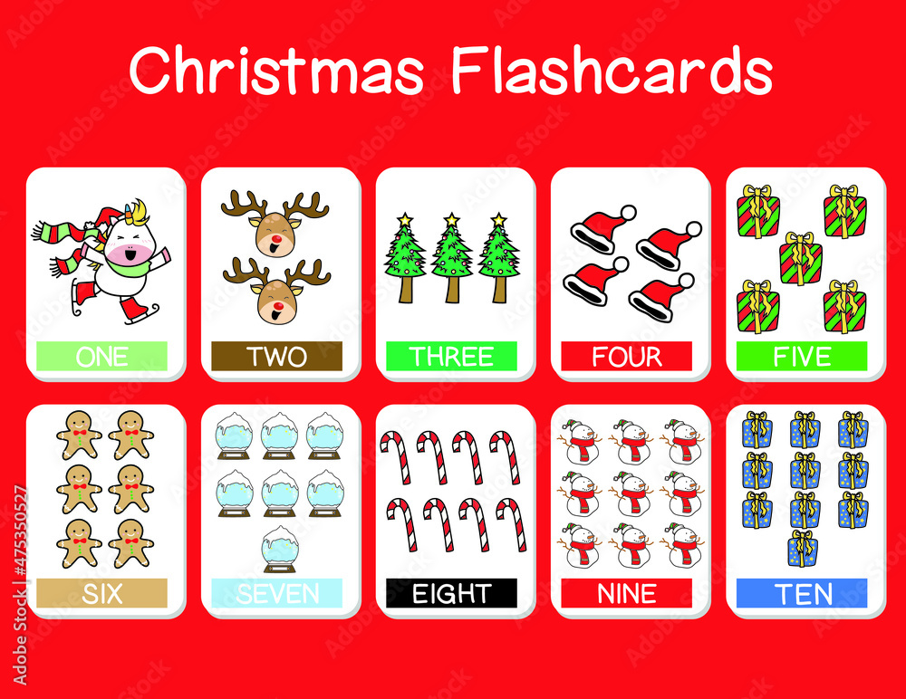 Cute number Christmas Flashcards set. English counting 1 to ten ...