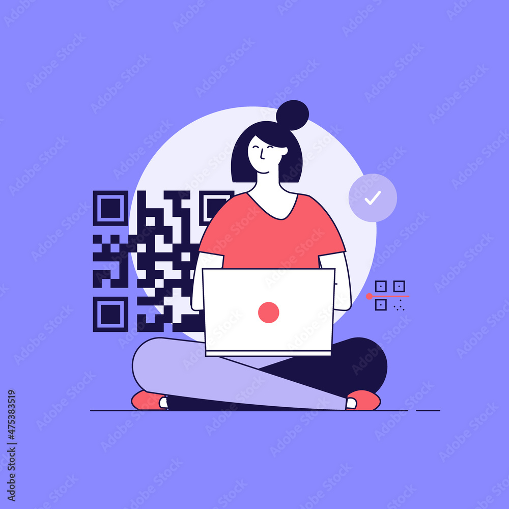Woman using phone with QR sign. Users scanning QR-code for account sign ...