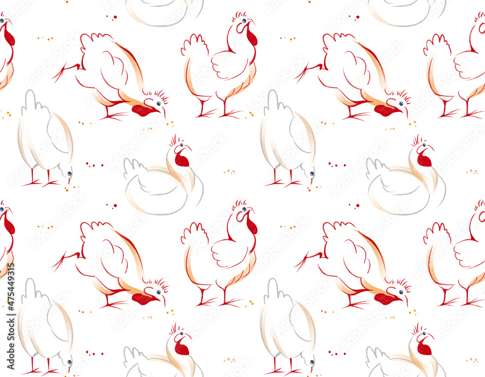 Watercolor hand drawn seamless pattern with illustration of chicken ...