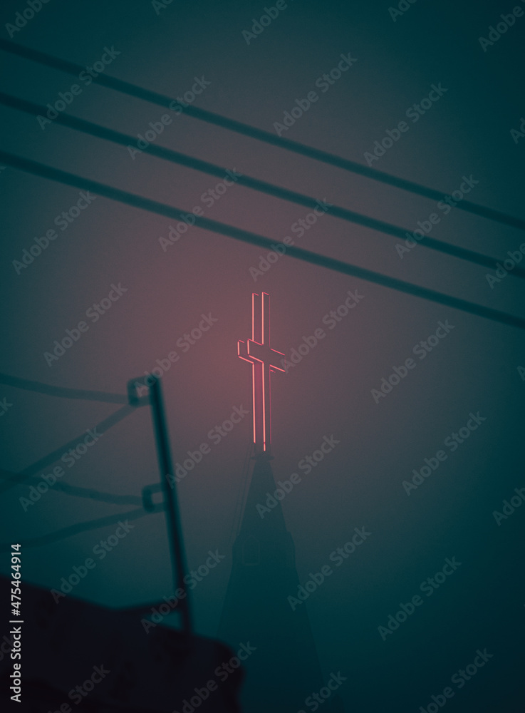 Glowing red cross atop a church building Stock Photo | Adobe Stock