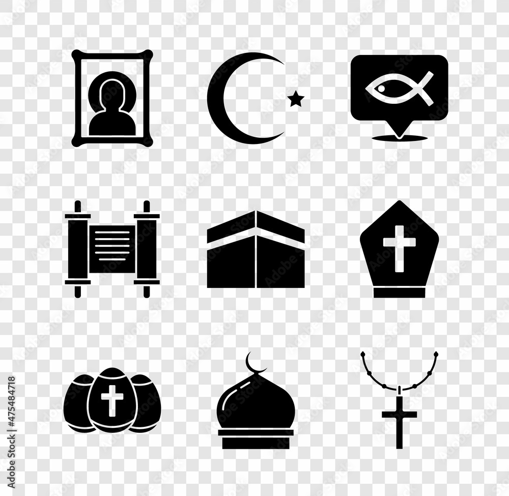 Set Christian icon, Star and crescent, fish, Easter egg, Muslim Mosque ...