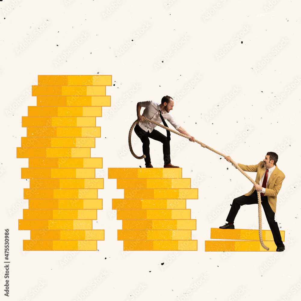 Contemporary art collage of man helping another man to reach the top of ...