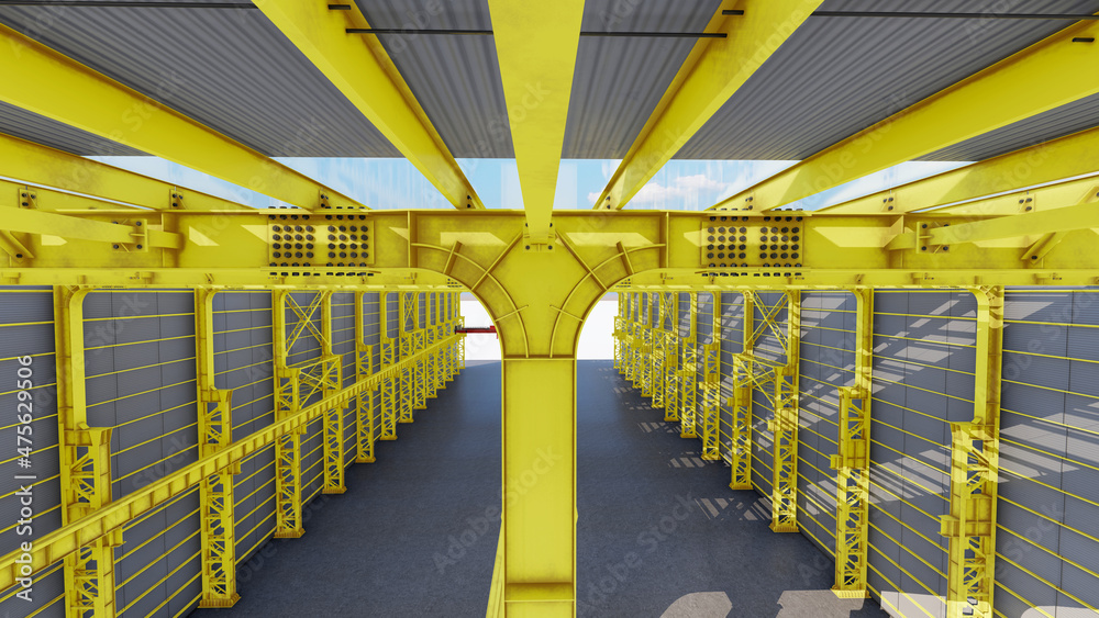 Factory shed with yellow steel beams with details of screws and cables ...