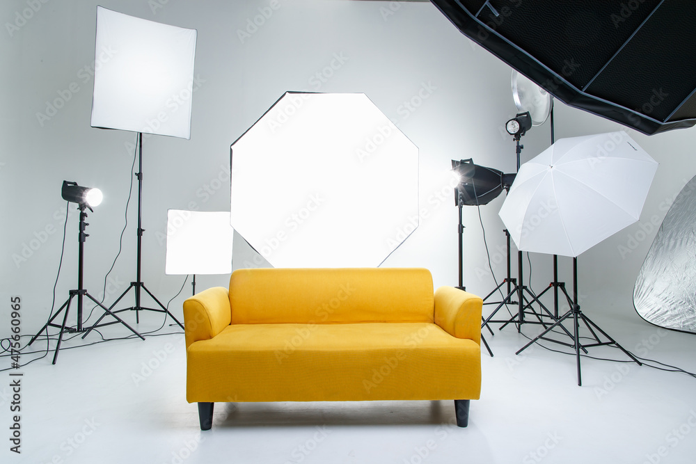 Studio shot fashion backstage photographing shooting set with yellow ...