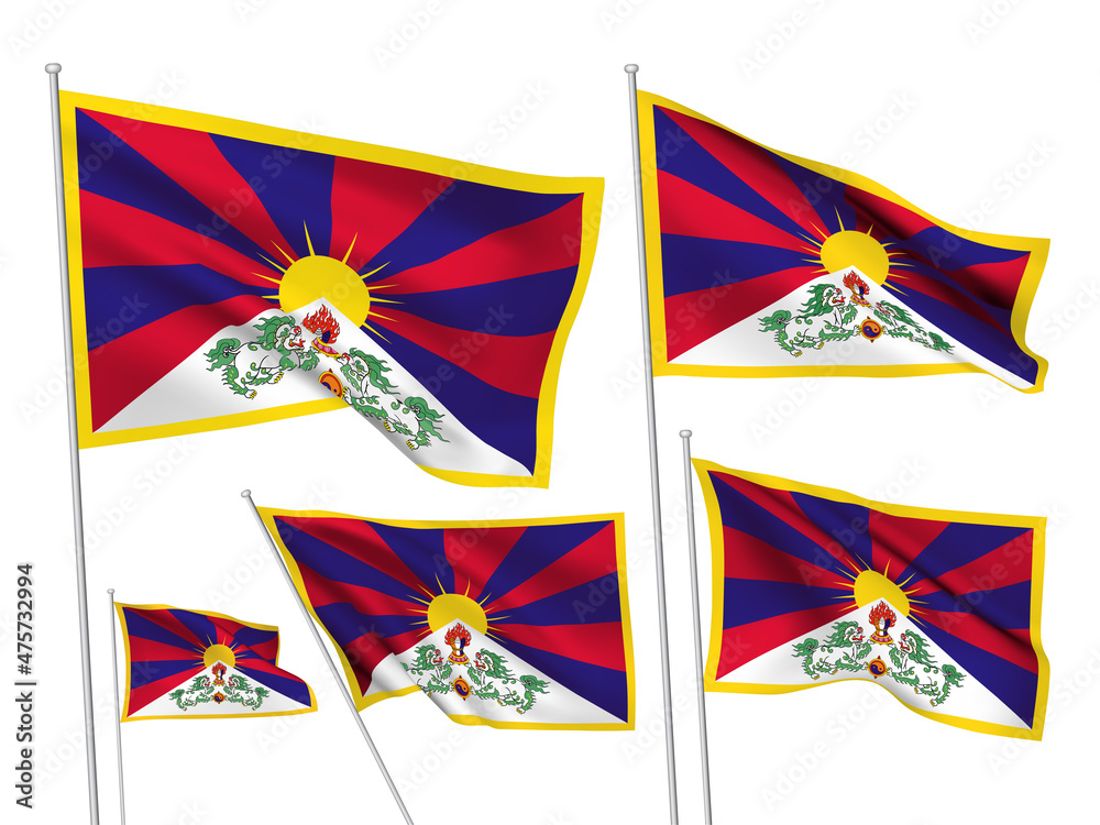 Tibet vector flags set. 5 different wavy fabric 3D flags fluttering on ...