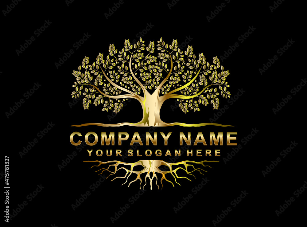 Tree and roots logo illustration with gold colors. Tree of life logo ...