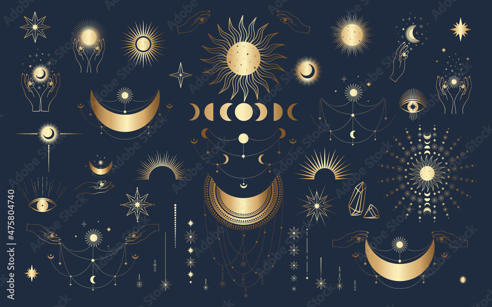 Hand drawn set of golden mystical Sun, moon, woman hand, diamond, star ...