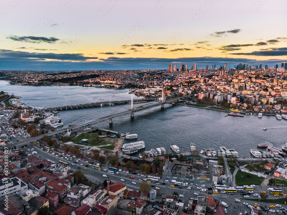 Drone shot of the Golden Horn Bridge in Istanbul. Cable-stayed bridge ...