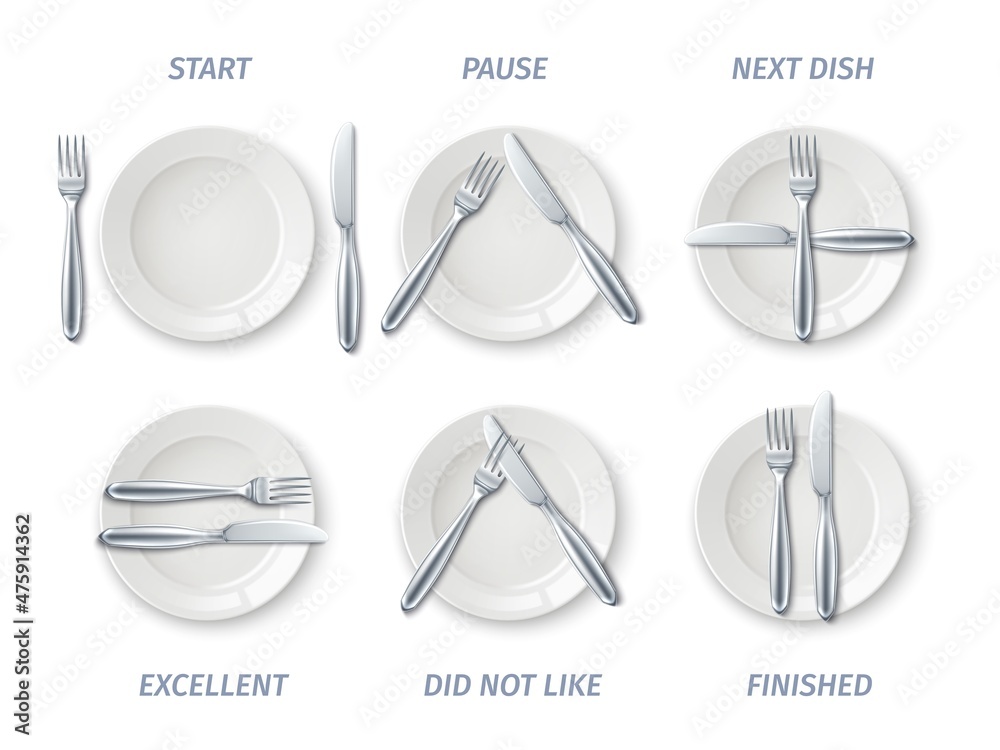 Restaurant dining etiquette. Different realistic plates and tableware ...