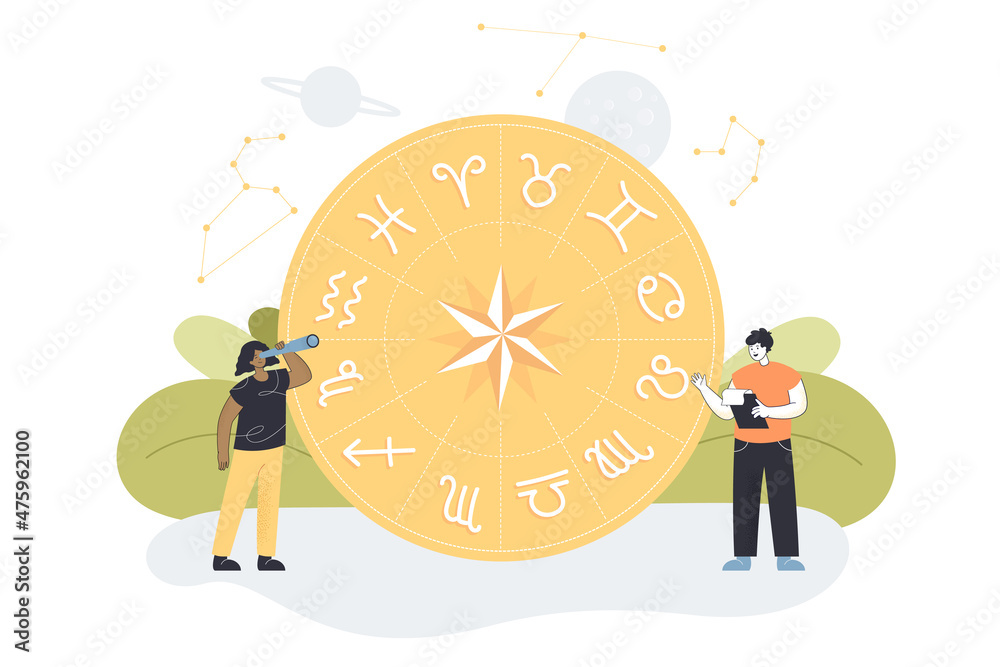 Tiny people, set of zodiac signs and star constellations with planets ...