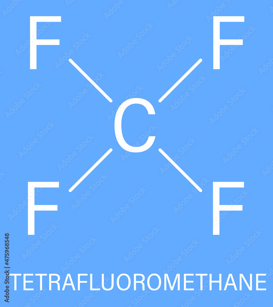 Tetrafluoromethane, carbon tetrafluoride, CF4, greenhouse gas molecule. Skeletal formula. Stock ...