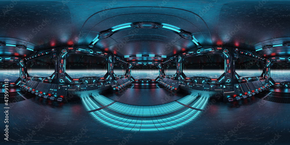 HDRI panoramic view of dark blue spaceship interior with windows. High ...
