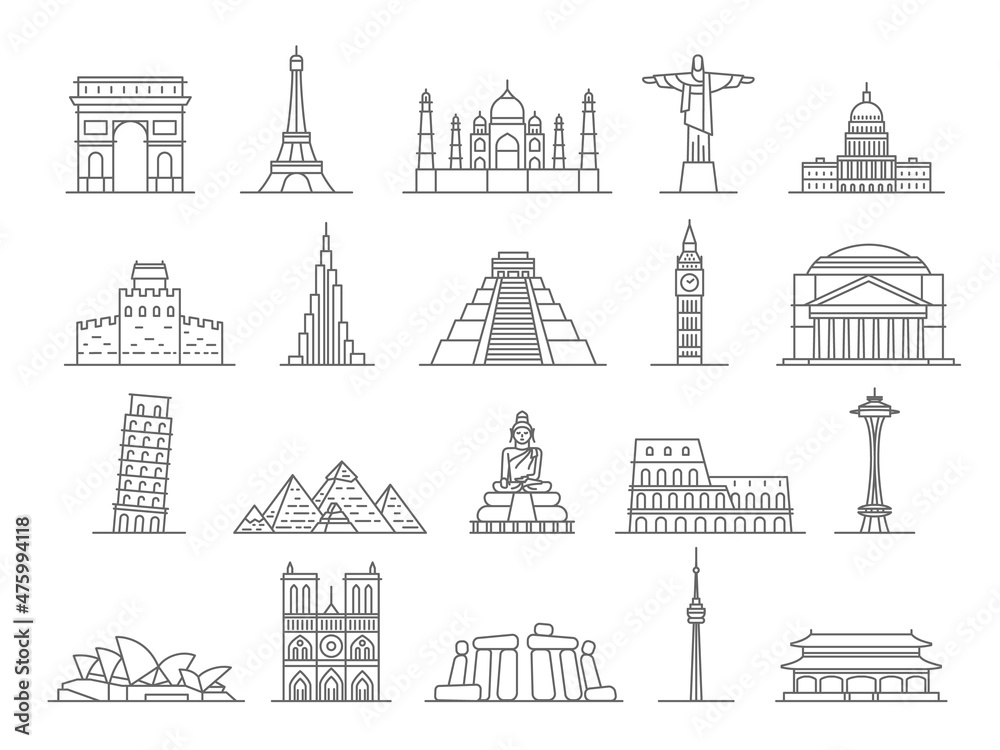 World landmarks line icons, big ben, eiffel tower and pyramids. Europe ...