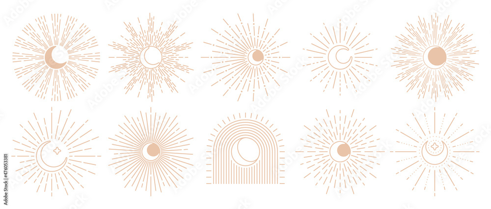 Bohemian moon. Outline lunar rays, boho night symbol and line art moons ...
