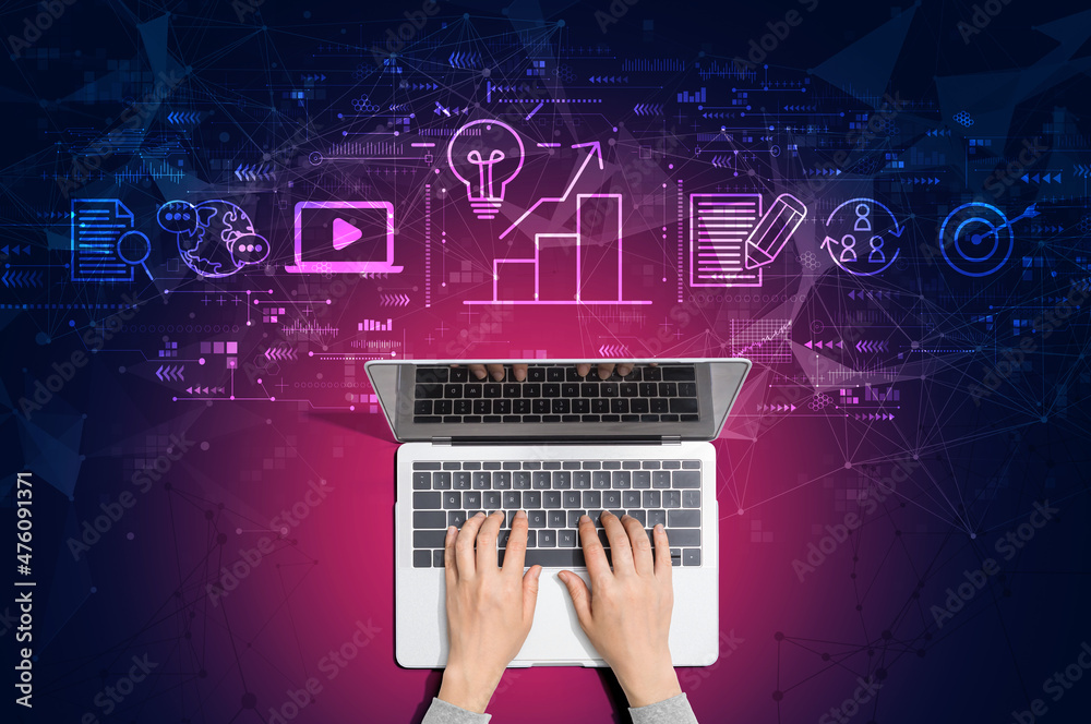 Content marketing concept with person using a laptop computer Stock ...