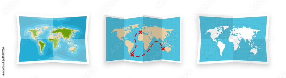 Folded world maps in a flat style. Simplified paper map with shadow ...