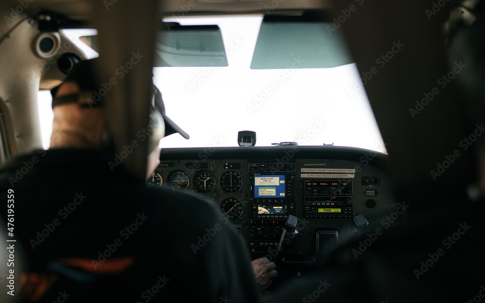 Stock-Foto „Dashboard of a small, sporty aircraft for 4 people. View of ...