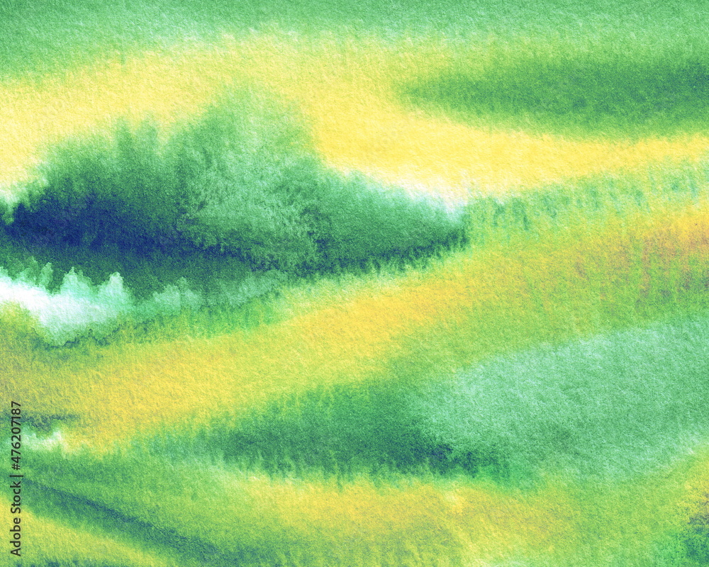 Watercolor illustration. Green and yellow nature landscape. Hand ...