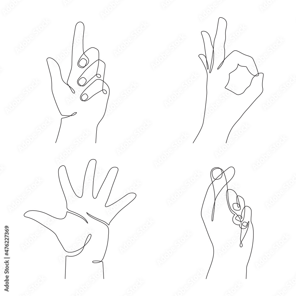 Hand gesture set, one line art, continuous contour drawing, hand-drawn ...